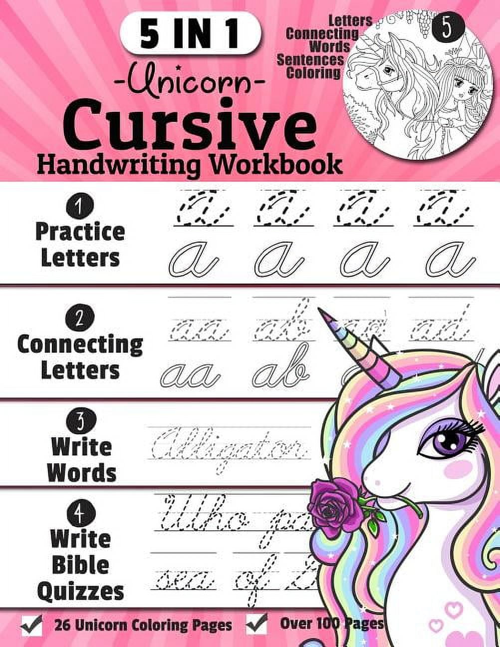 Unicorn Cursive Handwriting Workbook: 5-In-1 Cursive Handwriting ...