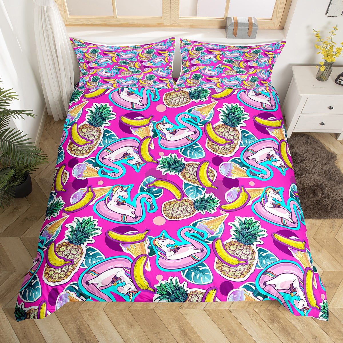 Unicorn Duvet Cover Queen Pineapple Bedding Set Palm Tree Banana Ice ...