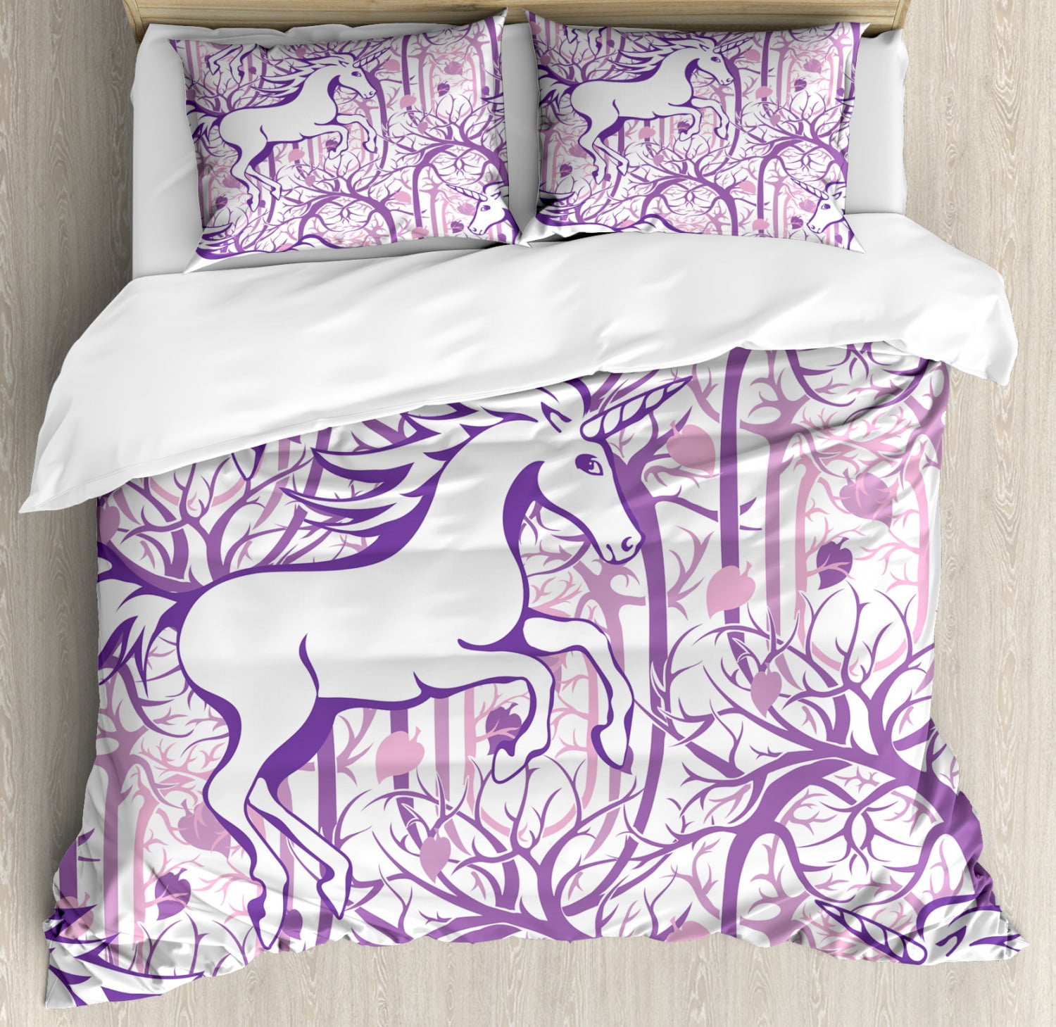 Unicorn Duvet Cover Set, Dreamy Horse Galloping on The Curved and Swirled Tree Branches in an ...