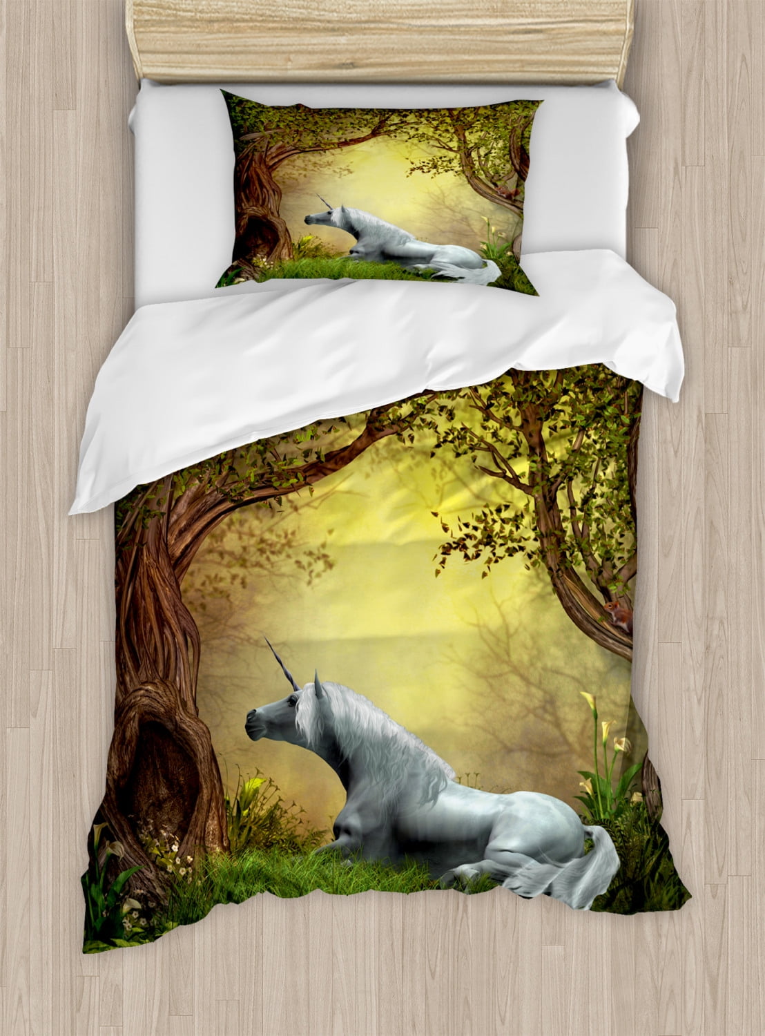 Unicorn Duvet Cover Set, Enchanted Forest Fantasy Willow Trees ...