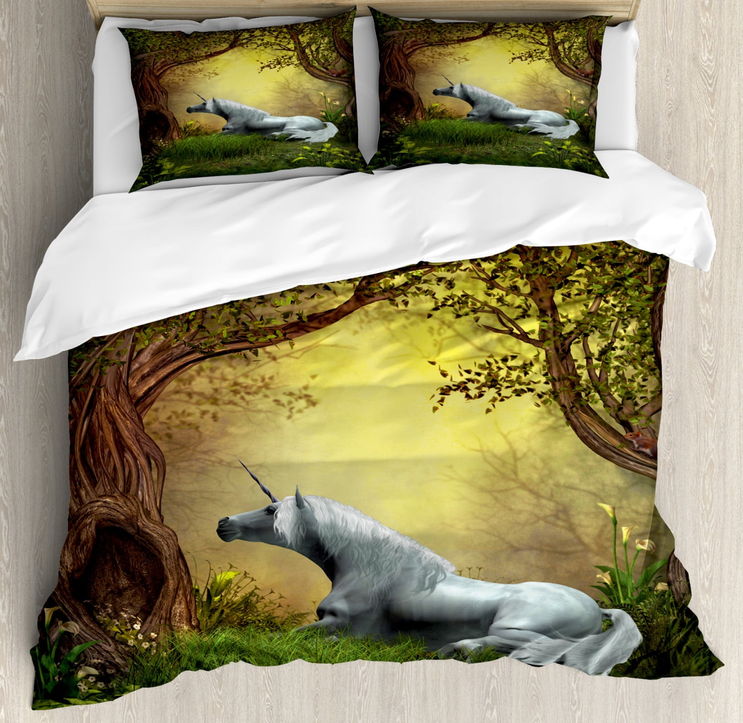 Unicorn Duvet Cover Set, Enchanted Forest Fantasy Willow Trees ...
