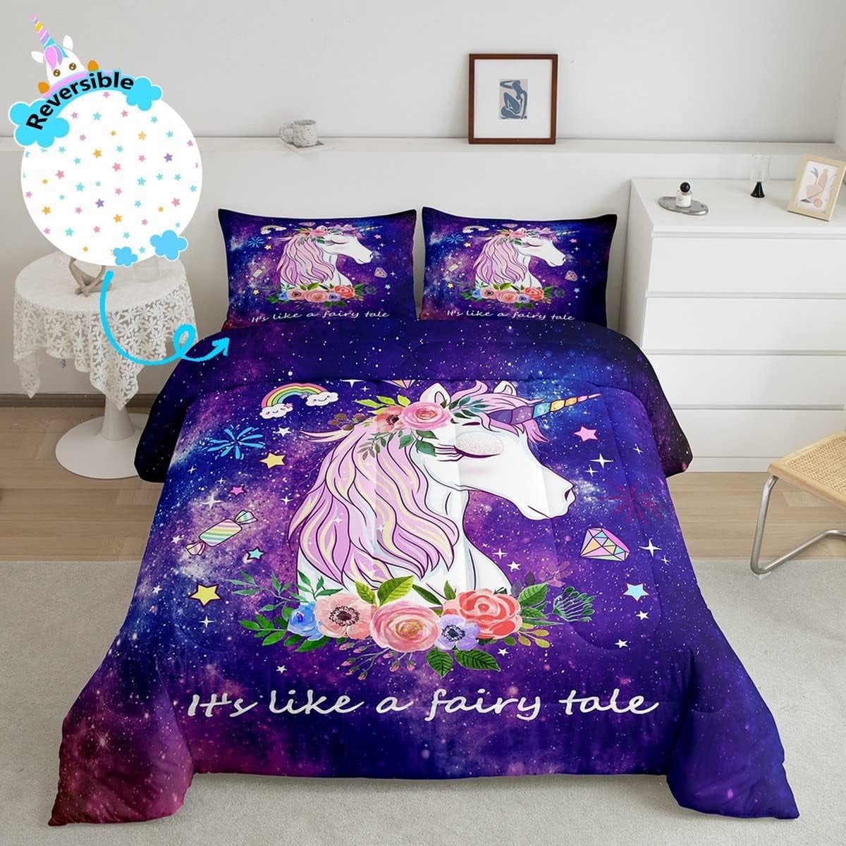 Unicorn Duvet Insert Gradient Purple Galaxy Bedding Set, Cartoon ...