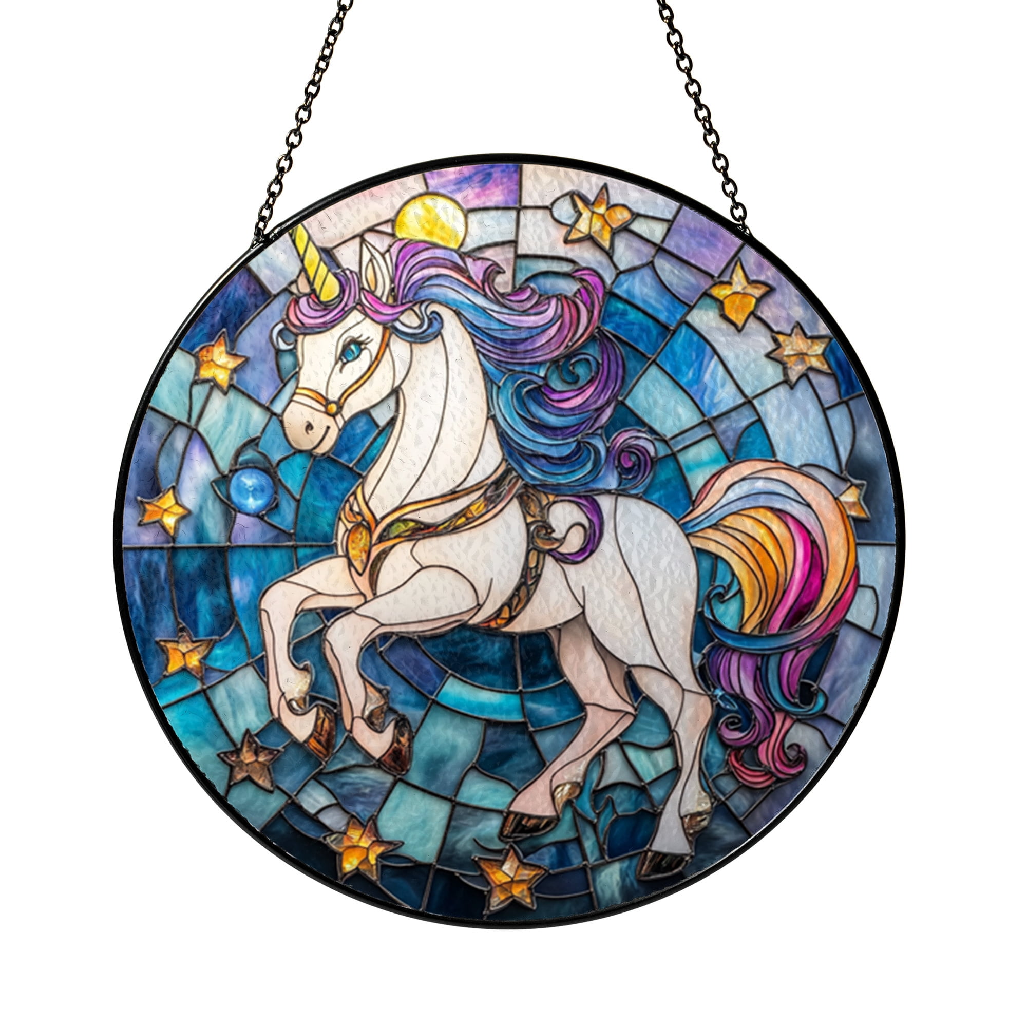 Unicorn Fantasy Scene Round Stained Glass Style Window Hanging Art ...