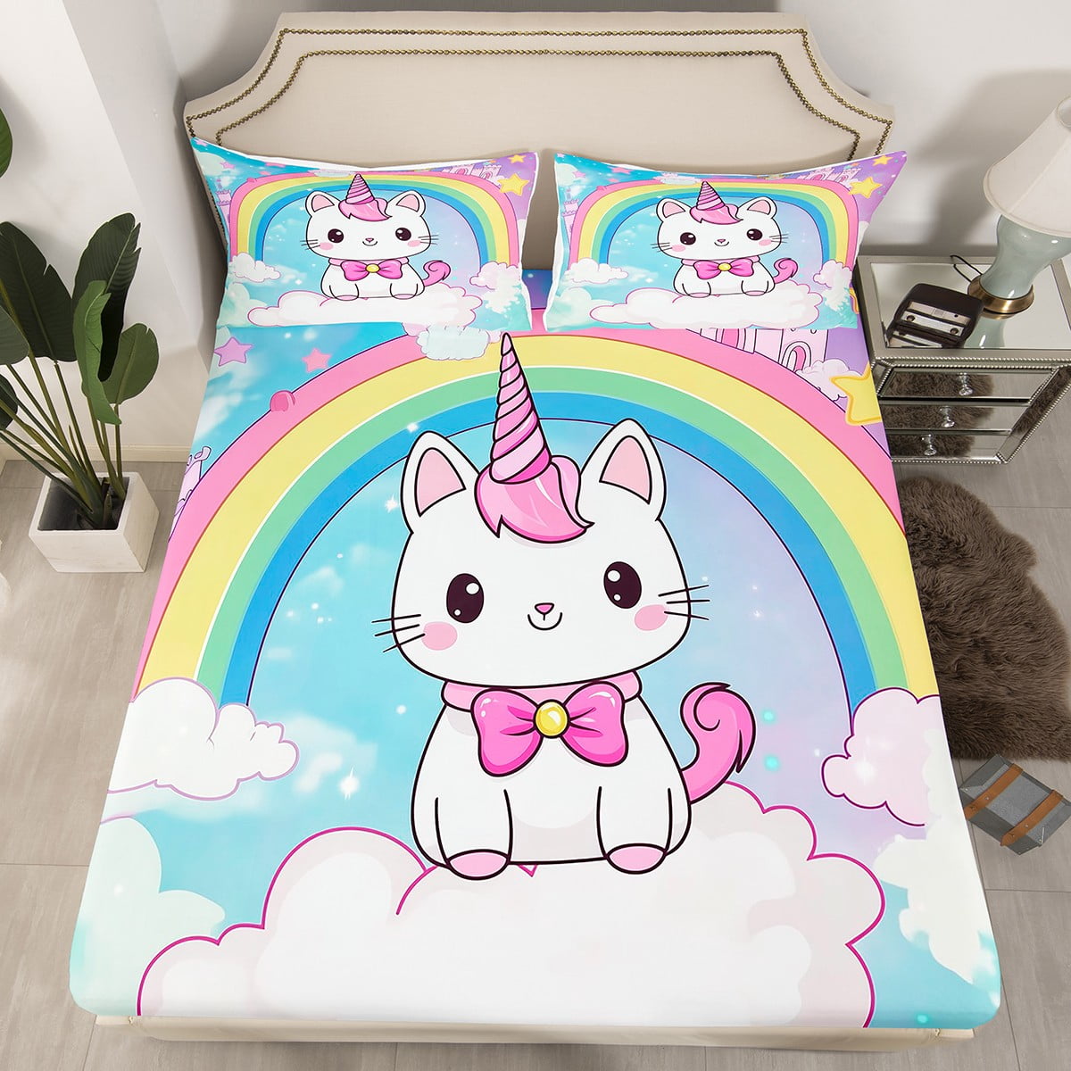 Unicorn Full Fitted Sheet Cartoon Cat Bed Sheets Rainbow Stars Castle ...