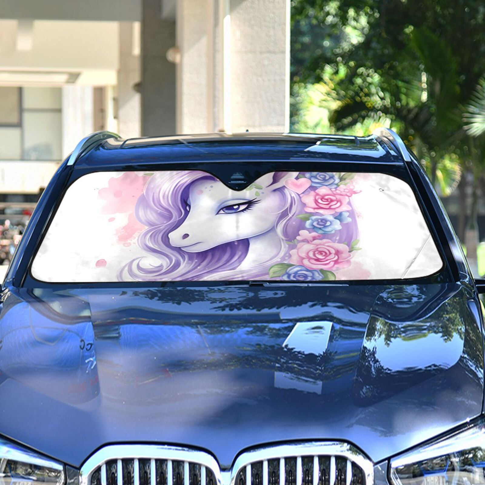 Unicorn Head Flowers Hair Automotive Front Car Windshield Sun Shade Reflector Foldable for Front ...