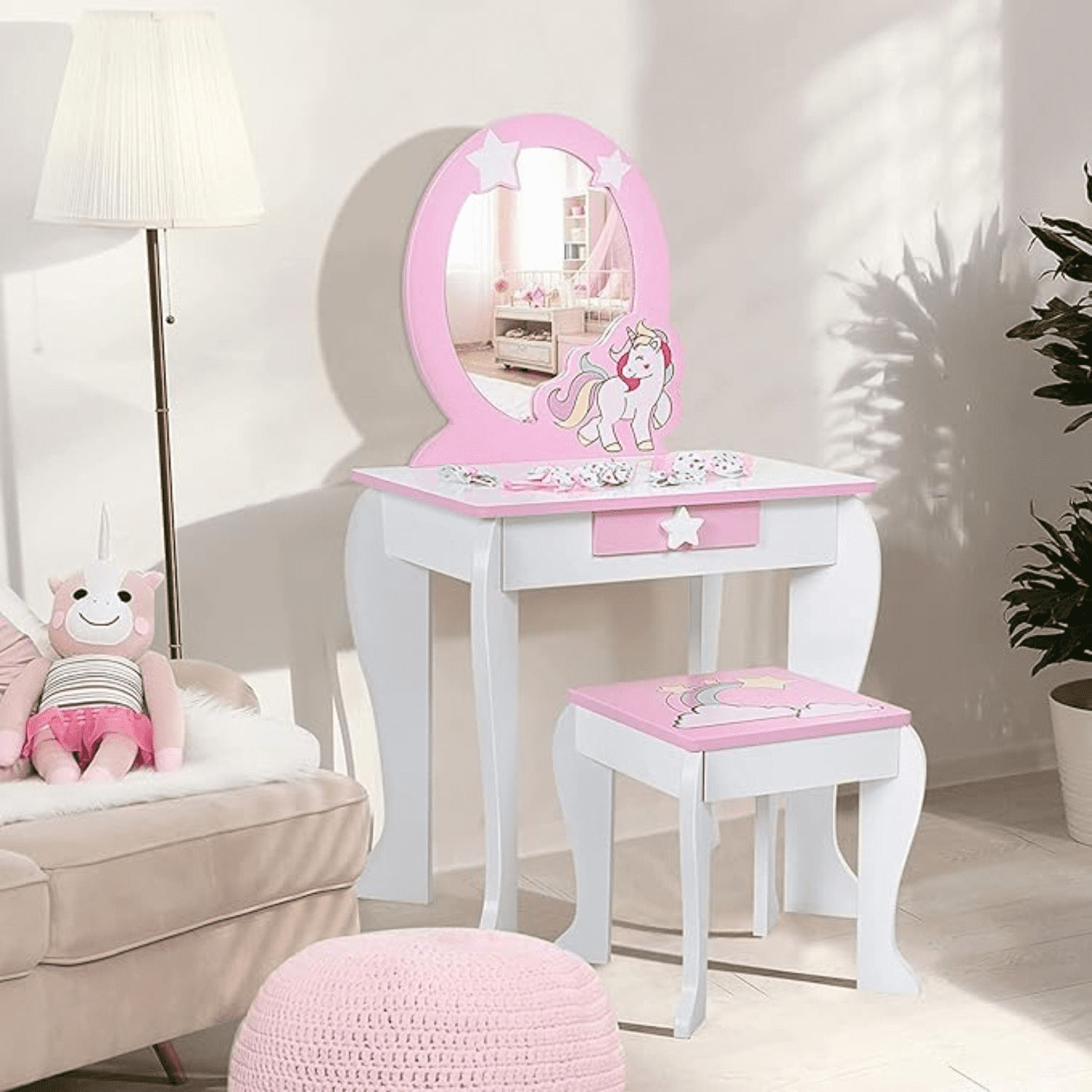 Unicorn Kids Vanity, Toddler Makeup Table with Mirror and Stool, Wooden ...
