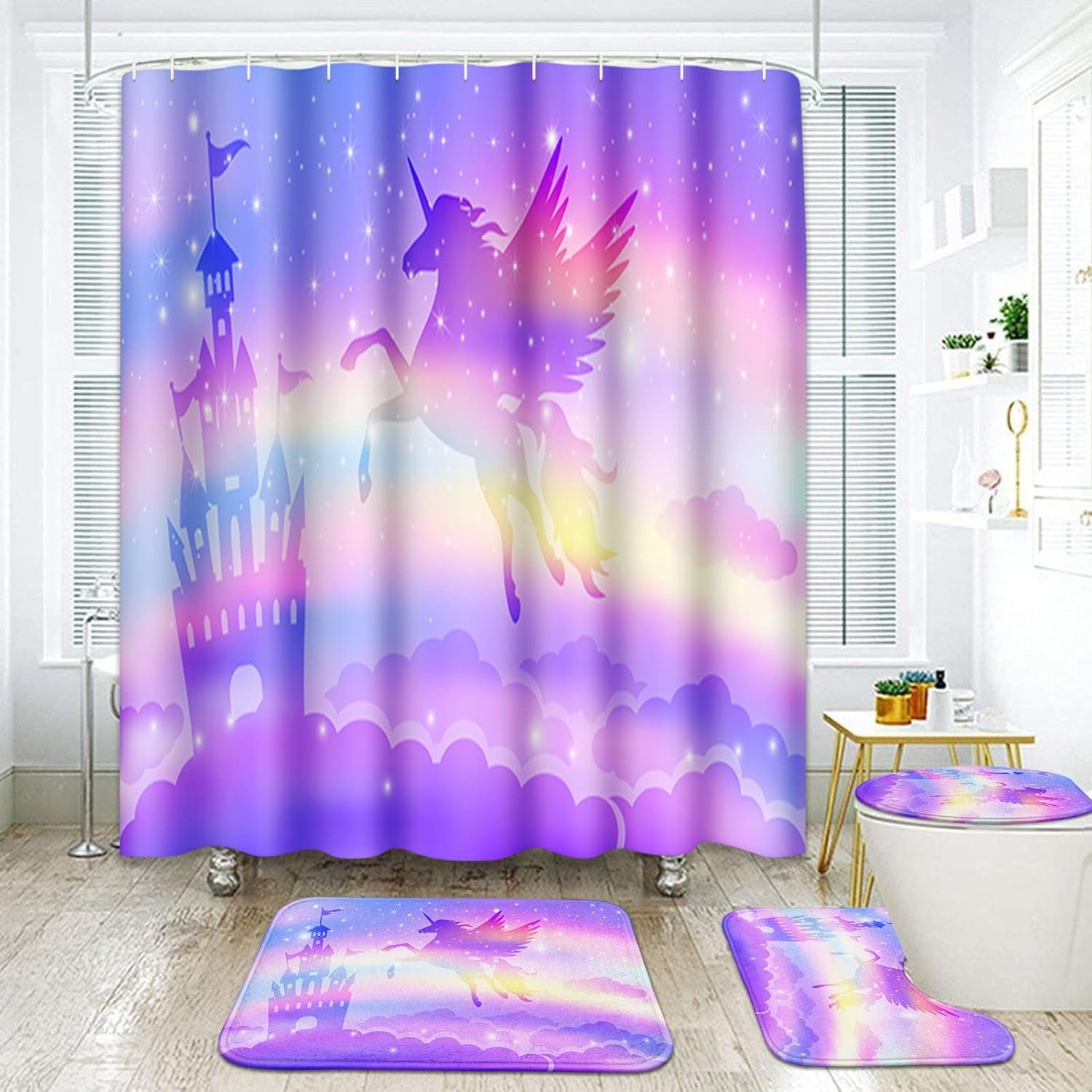 Unicorn Mermaid Bathroom Set with Shower Curtain and Rugs Accessories, Kids Girl Sea Beach ...