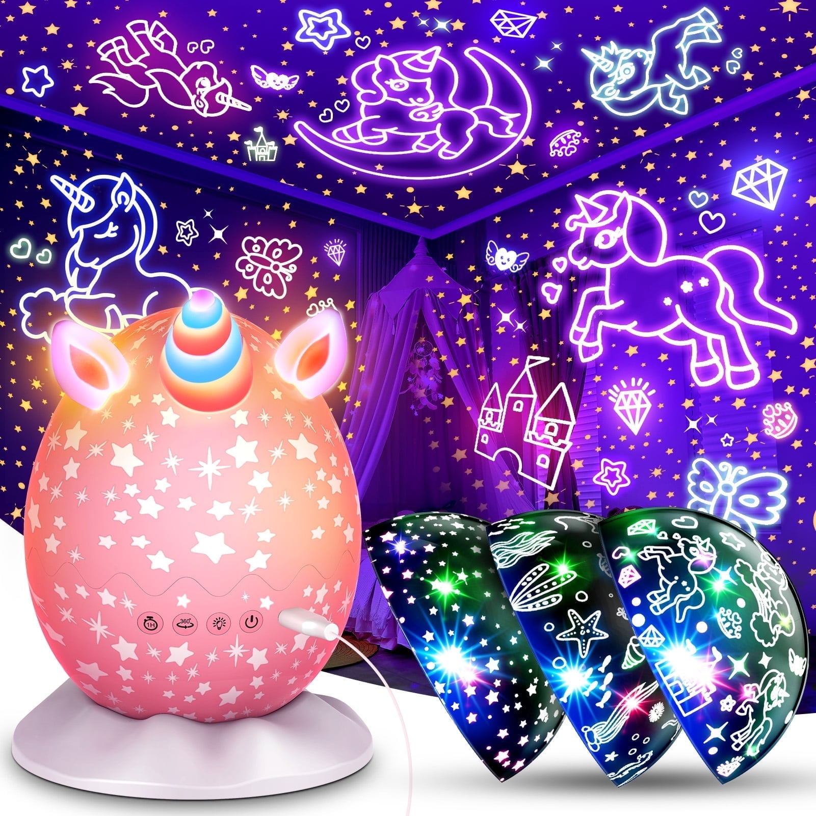 Unicorn Night Light & Star Projector for Girls Aged 3-10, USB Powered ...