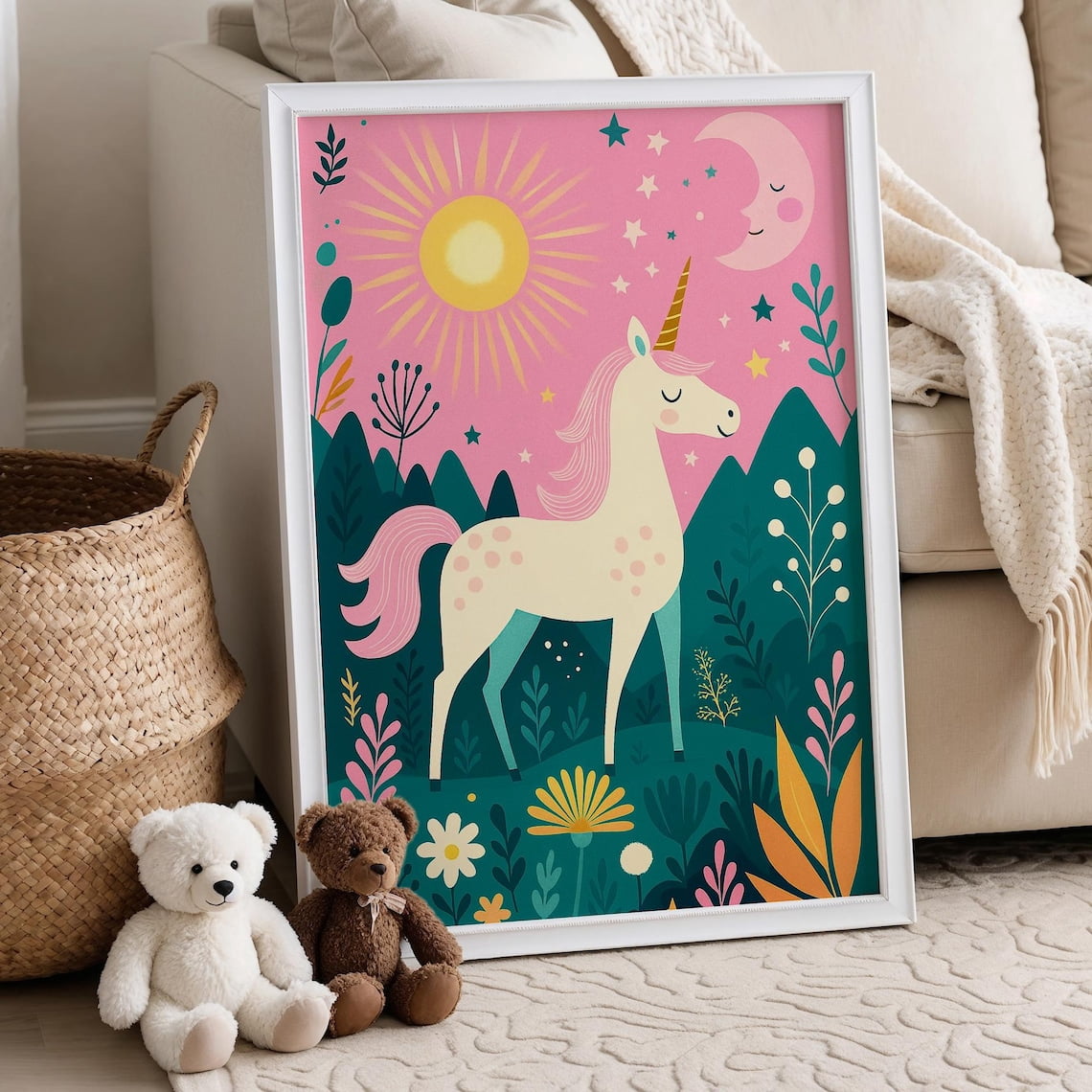 Unicorn Nursery Wall Art, Pink And Teal Magical Forest Poster, Girls ...