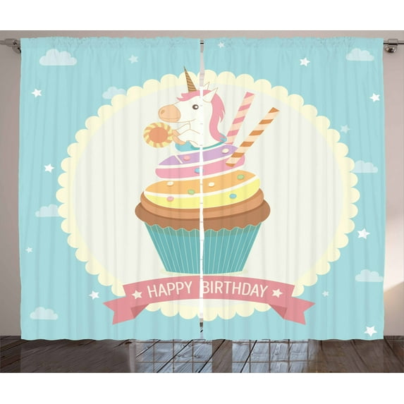 Ambesonne Unicorn Party Curtains 2 Panel Set, Cupcake, 108" x 108 ...
