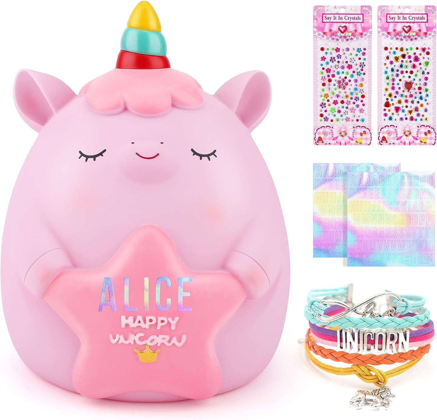 JYPS, Unicorn Piggy Bank, 6.7 inches, Pink with Rhinestone Stickers ...