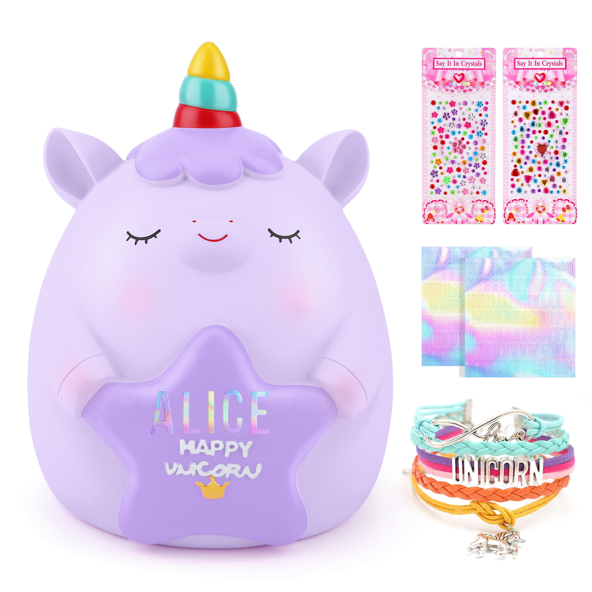 Unbreakable Unicorn Piggy Bank Set with Stickers & Bracelet, Kids Money ...