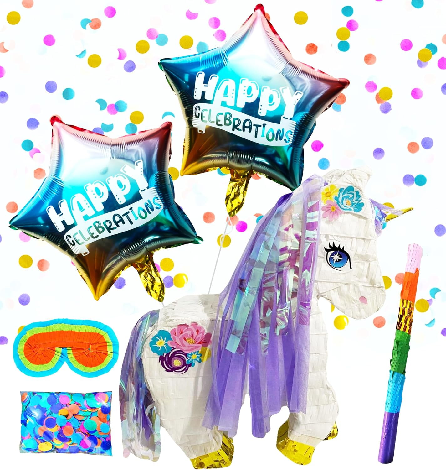 Unicorn Pinatas Party Set with Buster Stick, Blindfold, Confetti, and ...