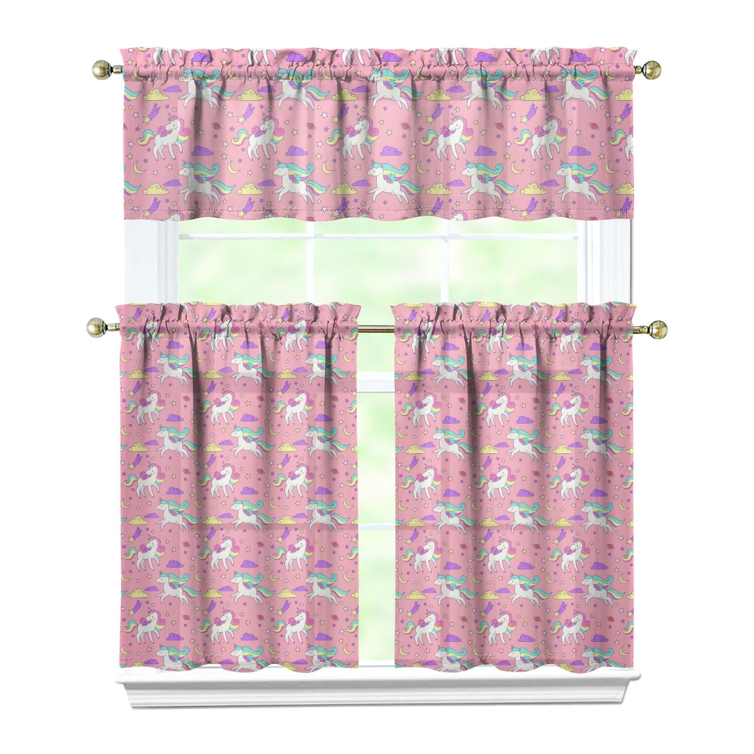 Unicorn Print 3-Piece Kitchen Curtains, Rainbow Mythical Horse Tier ...