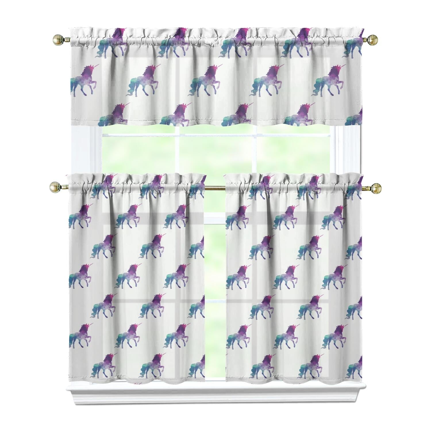 Unicorn Print 3-Piece Kitchen Curtains Set, Rainbow Mythical Horse Tier ...