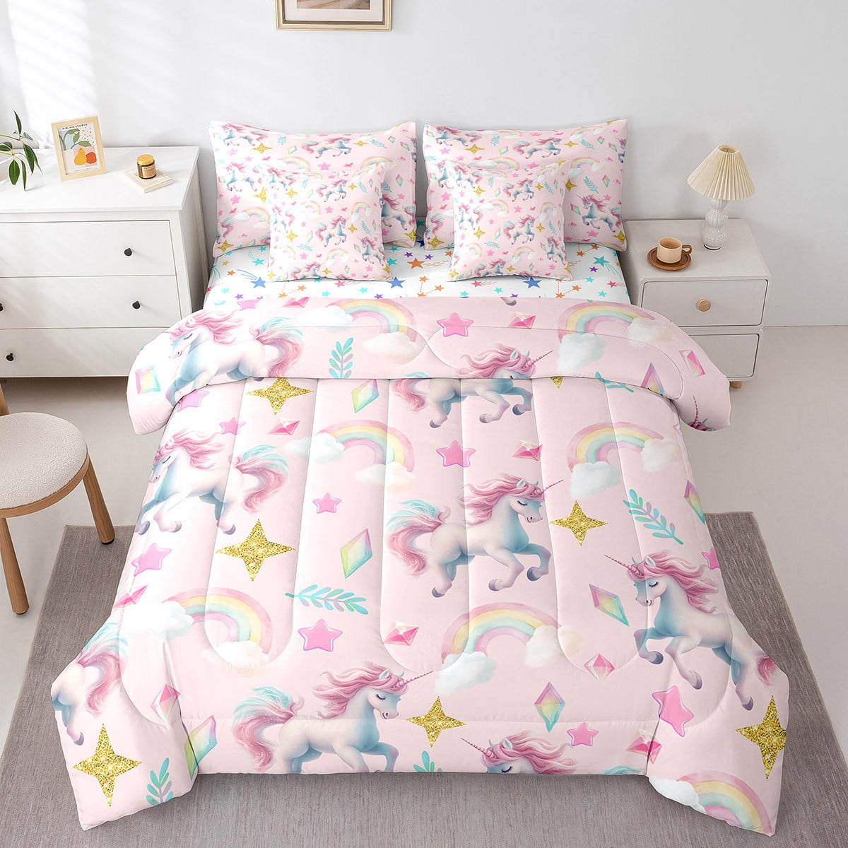 Unicorn Queen Bed in a Bag Rainbow Unicorn Bedding Sets 7 Piece Pink ...