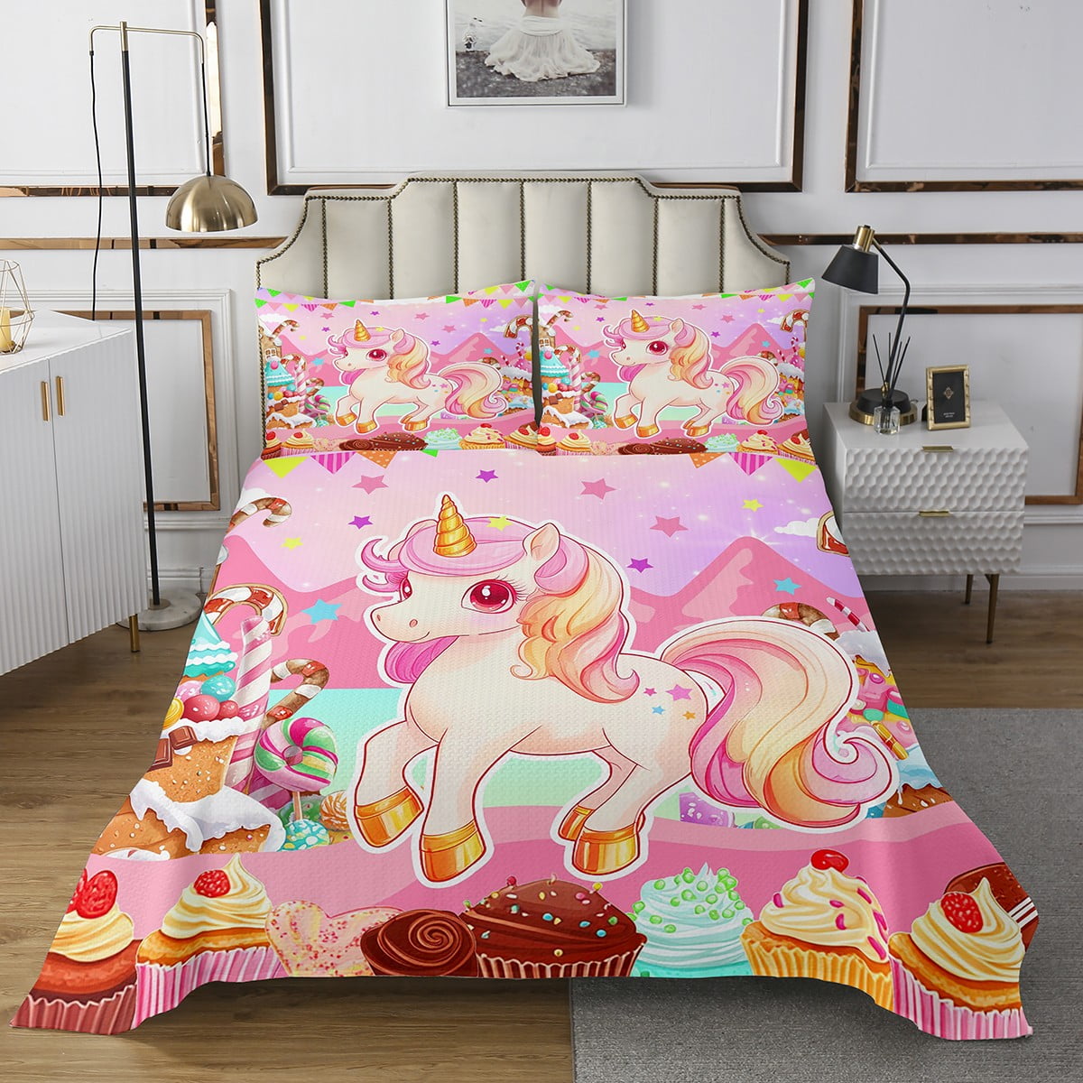 Unicorn Quilt Set for Birthday,Cartoon Unicorn Coverlet Set Twin Size ...