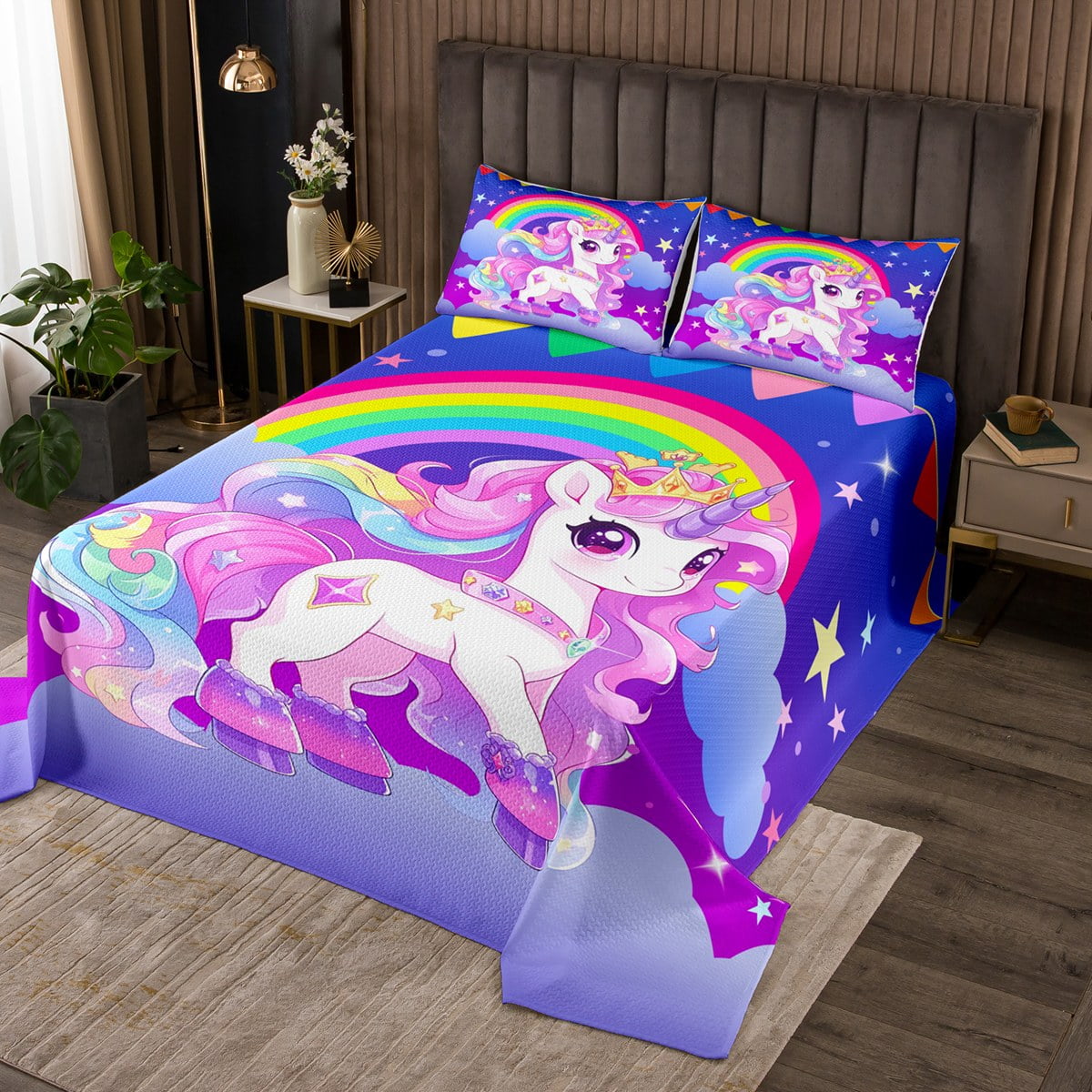 Unicorn Quilt Set Princess Girls Rainbow Bedspread Set King,Cartoon ...