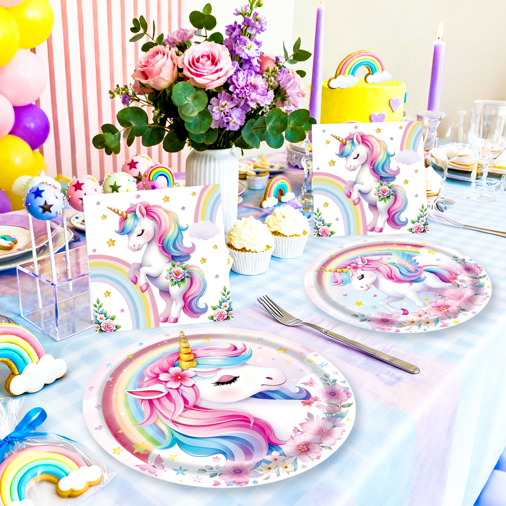Unicorn Rainbow Flower Party Supplies Set - Magical Themed Paper Plates ...