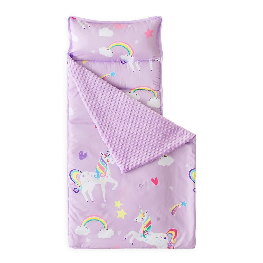Unicorn Rainbow Purple Nap Mat with Pillow and Minky Fleece Blanket for ...