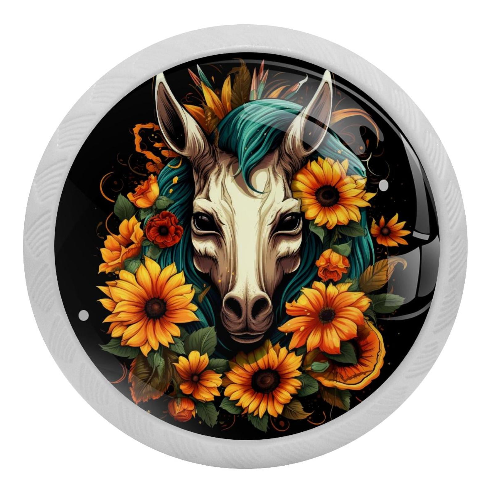 Unicorn Skull Sunflower Pattern 4PCS Cabinet Knobs Pulls Fluorescent ...