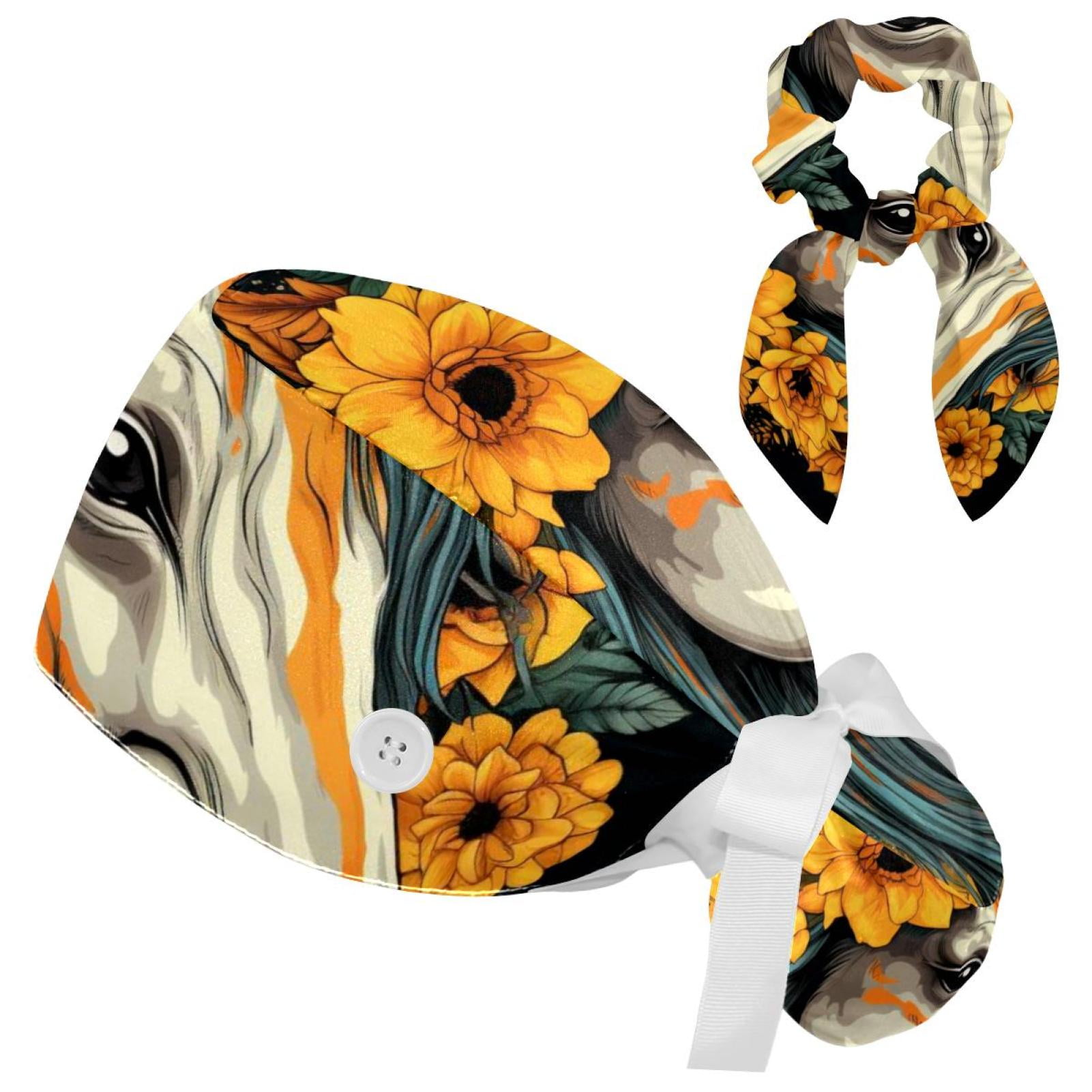 Unicorn Skull Sunflower Surgical Cap with Buttons/ Bow Hair Scrunchy ...