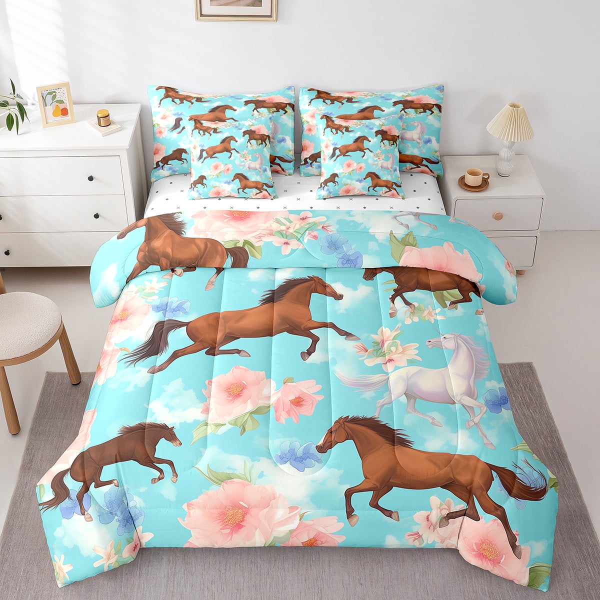 Unicorn Bedding Comforter Sets 7-Piece Pink Flower Bed in a Bag , Brown ...