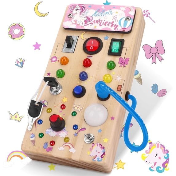 Konijiwa Unicorn Wooden Busy Board, Sensory Toy with 8 LED Light ...