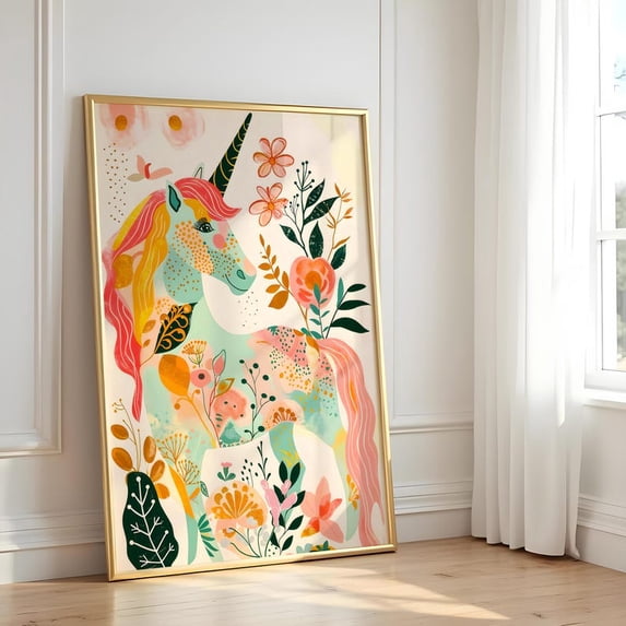 Unicorn and Flower Wall Art, Fun Colourful Nursery Decor, Kids Room ...