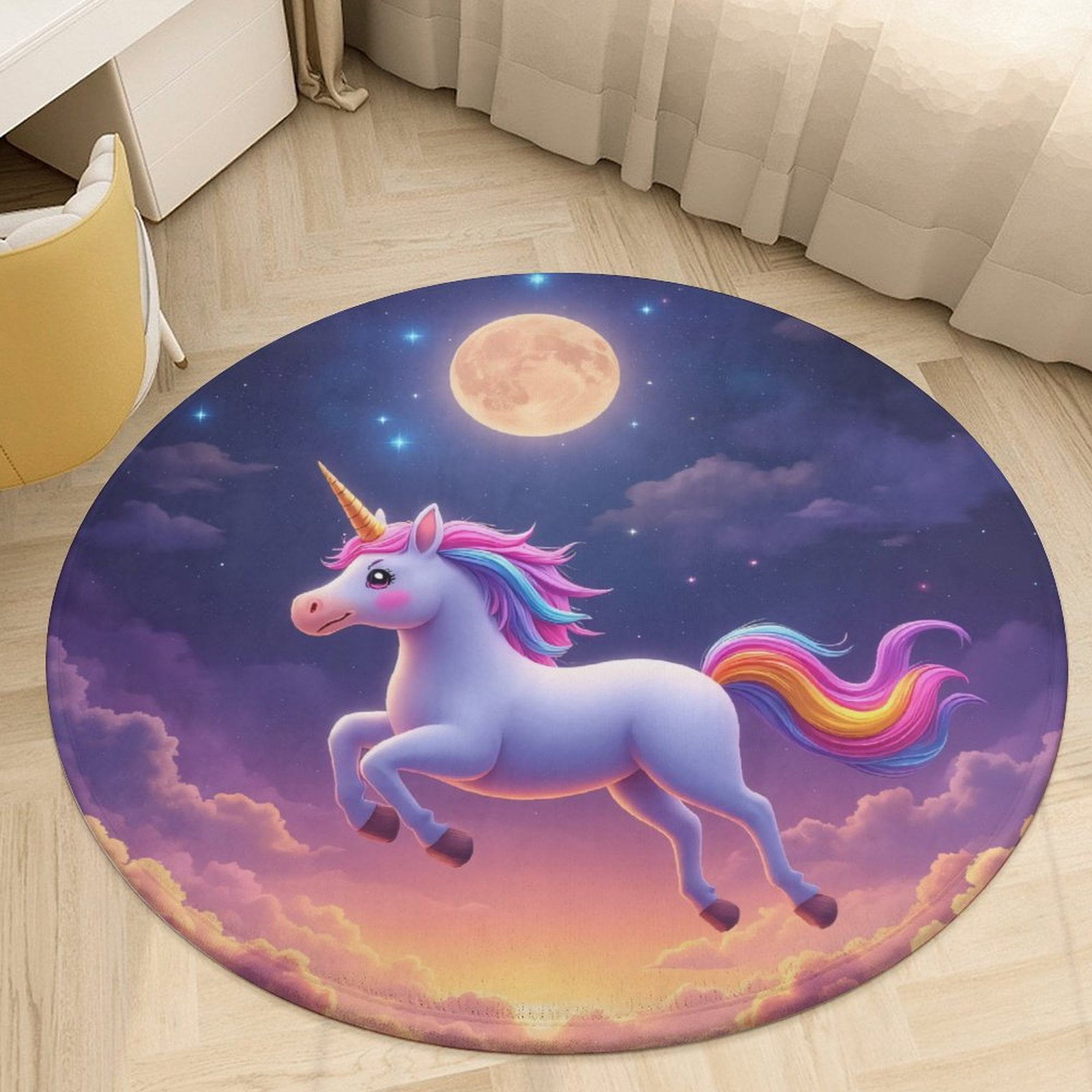 Unicorn in Moonlit Sky Round Area Rugs for Bedroom Living Room, 5FT ...
