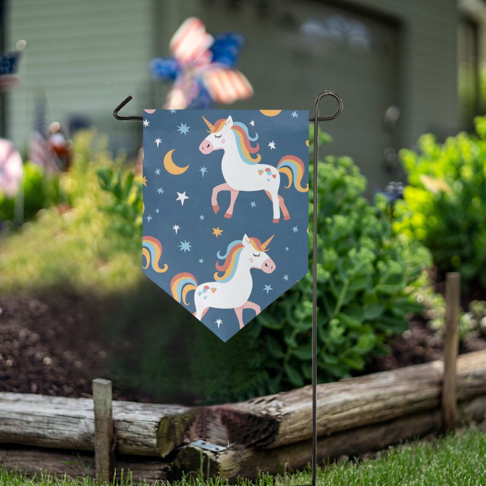 Unicorns Moons and Stars Garden Flag 18" x 12.5" Double Sided Yard Lawn Outdoor Decor Small Yard ...