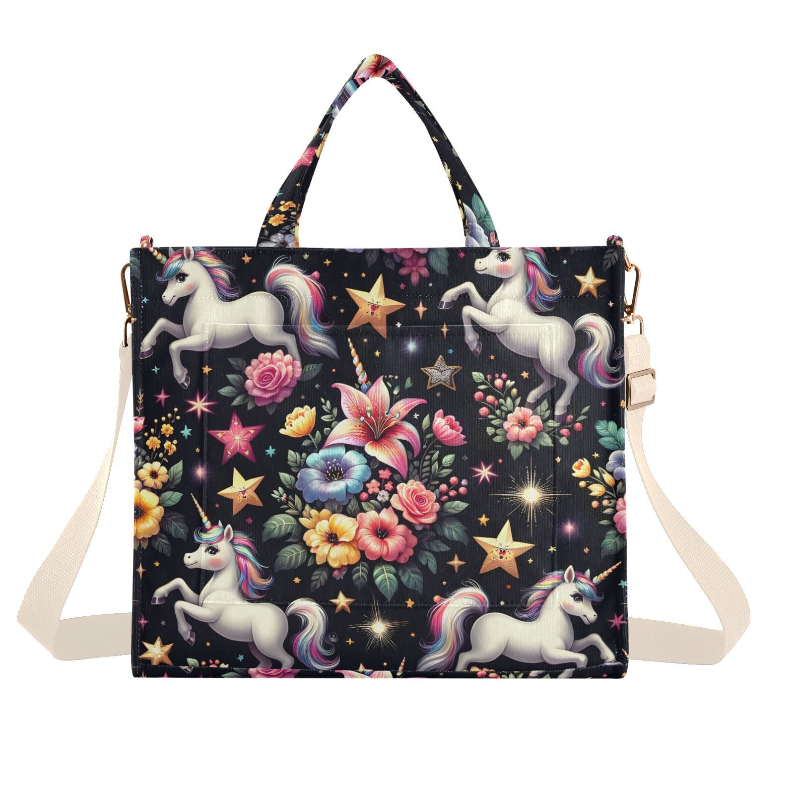 Unicorns and Flowers Black Corduroy Tote Bag Handbag Large Messenger ...