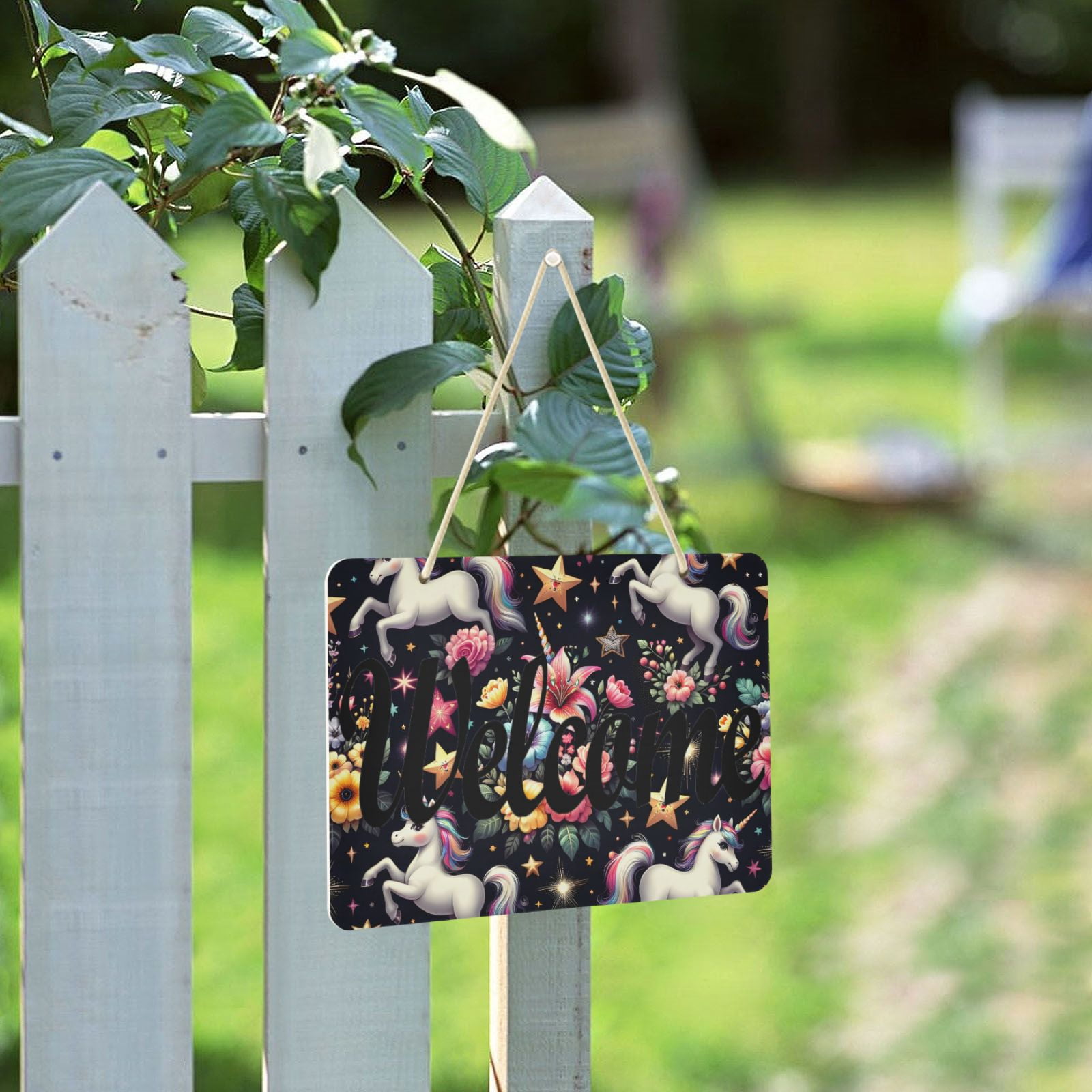 Unicorns and Flowers Black Welcome Sign for Front Door Porch Wreath ...