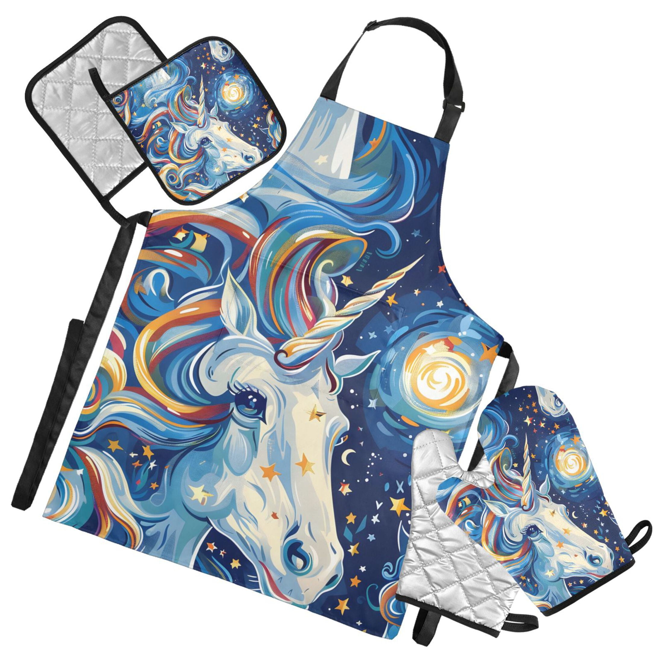 Unicorns in Starry Night Apron Set with Oven Mitts Pot Holders Set of 5 ...