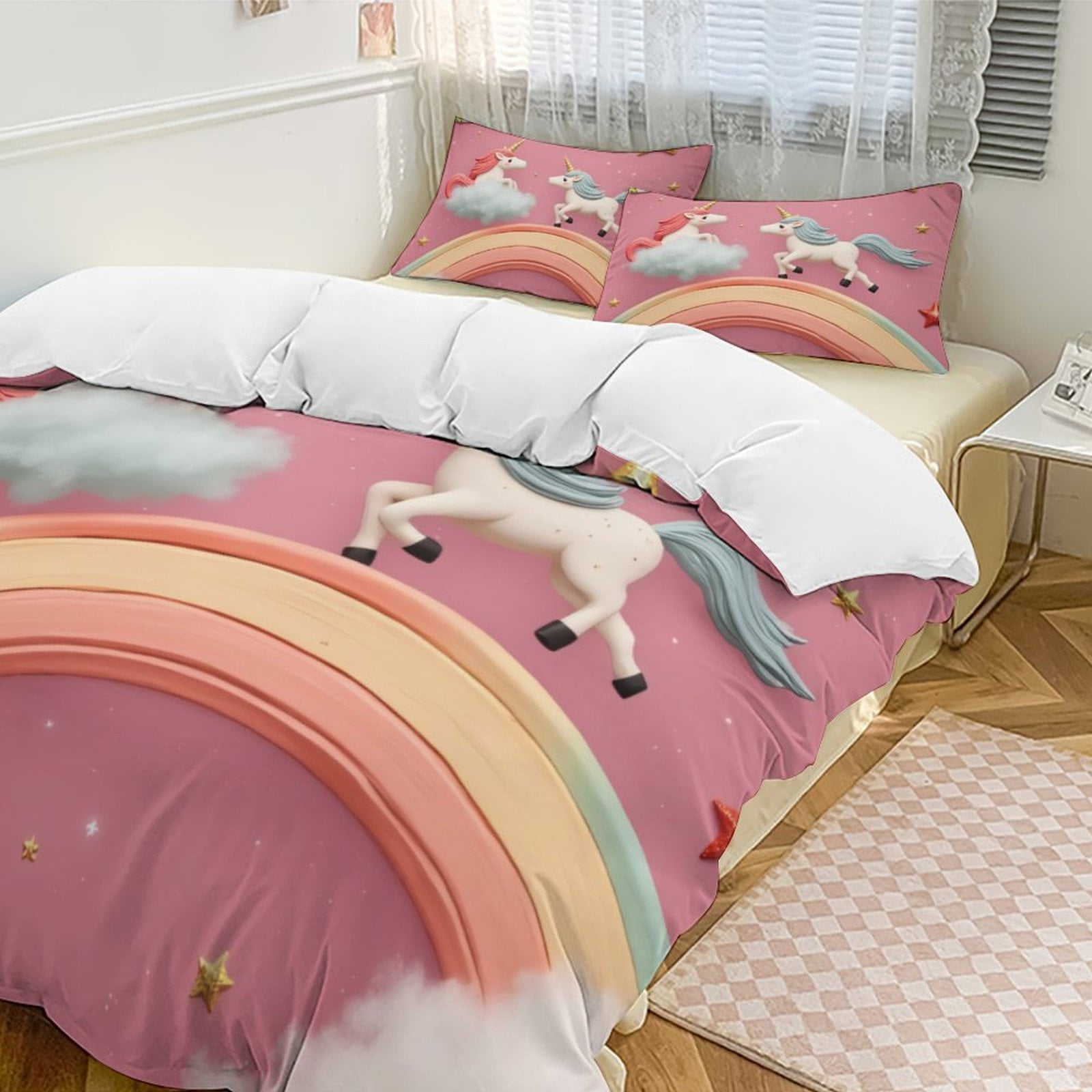 Unicorns on Rainbow with Stars Duvet Cover Set Themed Multicolor ...