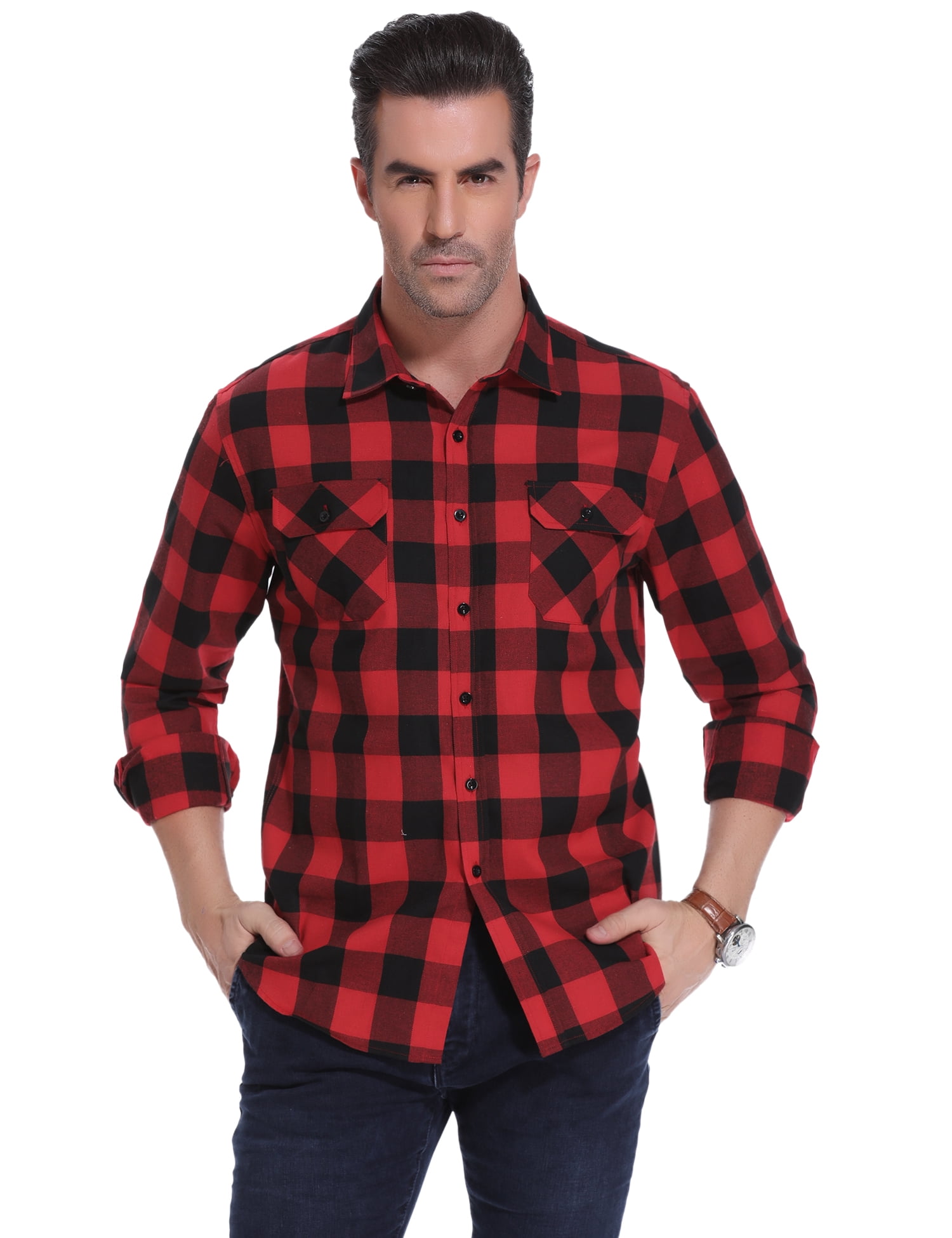 Uniexcosm Men's Plaid Flannel Shirts Button Down Regular Fit Long ...