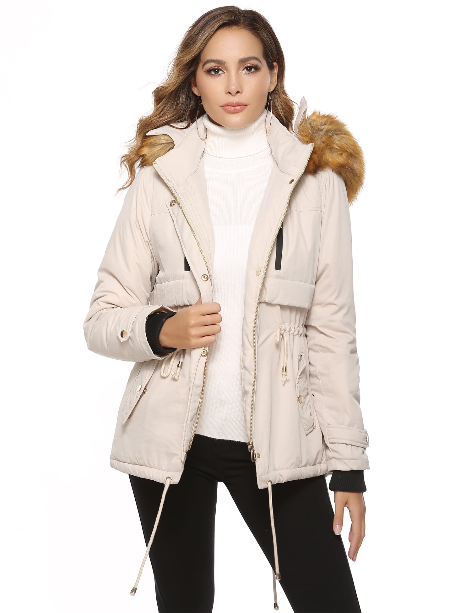 Uniexcosm Women Winter Coat Zip Pockets Quilted Parka Mid-length Jacket ...