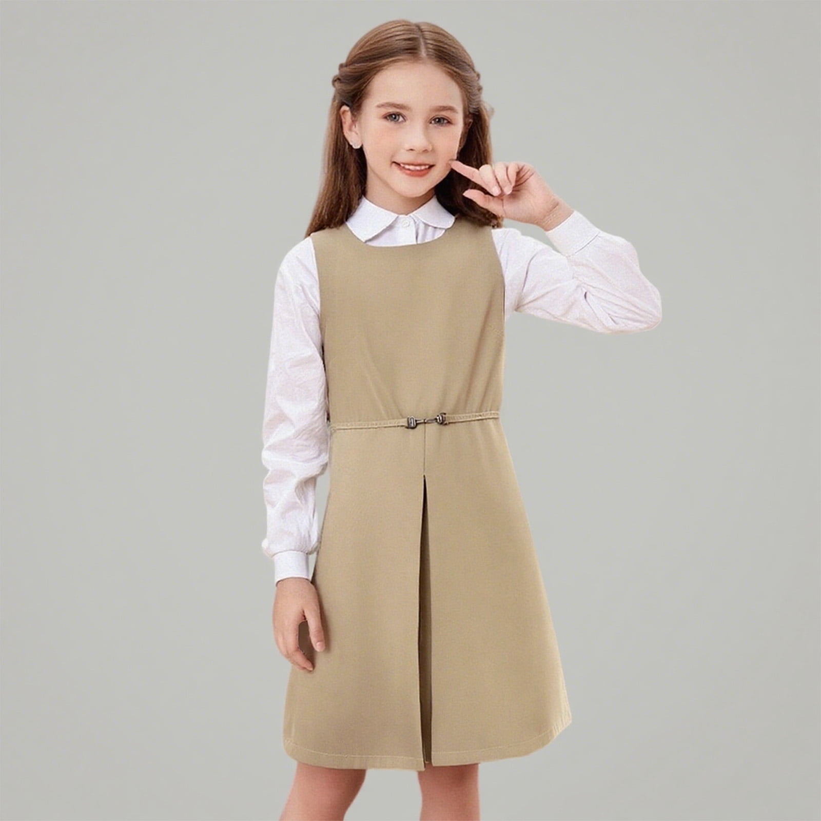 Uniform Dress Cute Pleated Knee Length Sleeveless Khaki Girls Uniform ...