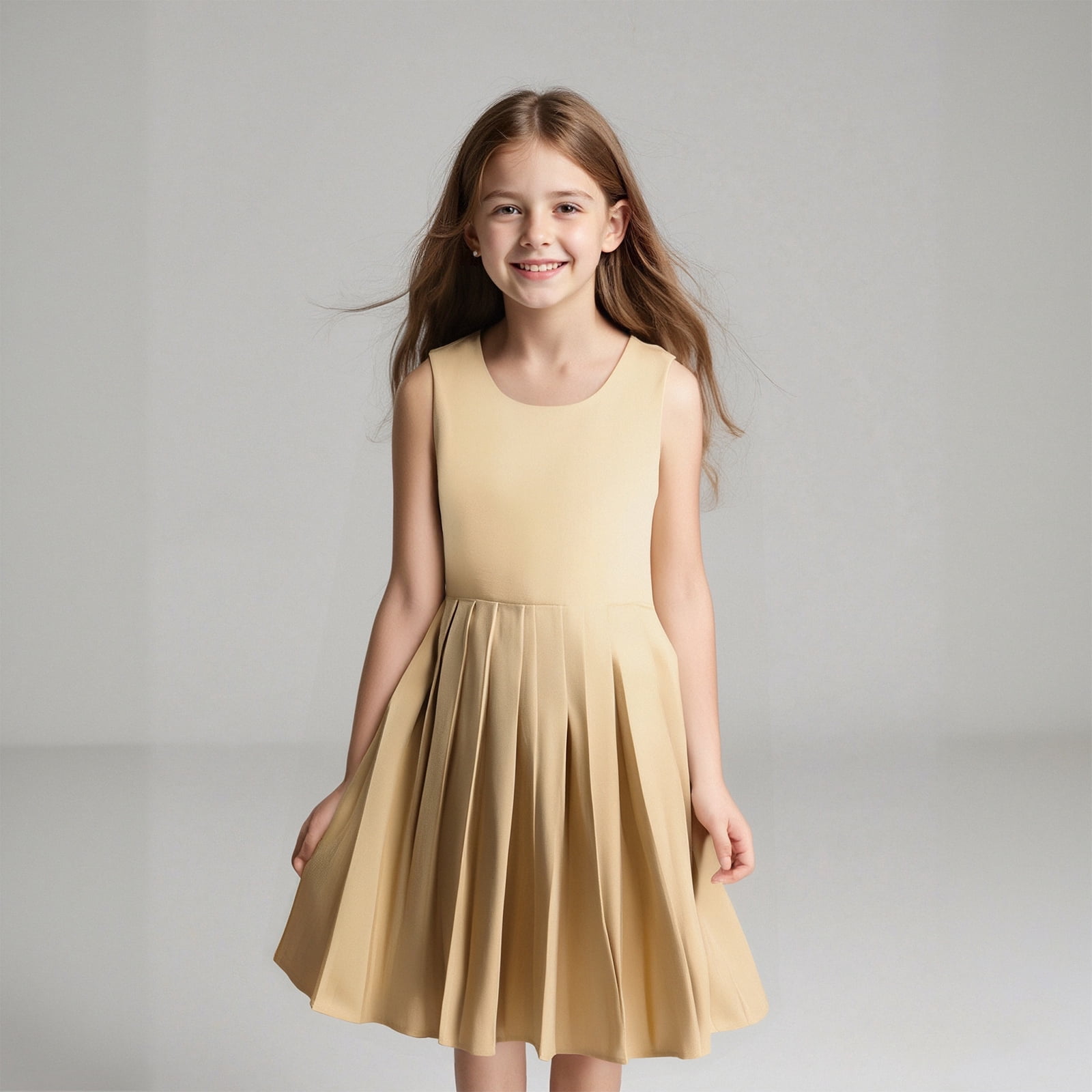 Uniform Dresses for Girls Cute Pleated Knee Length Sleeveless A-Khaki ...