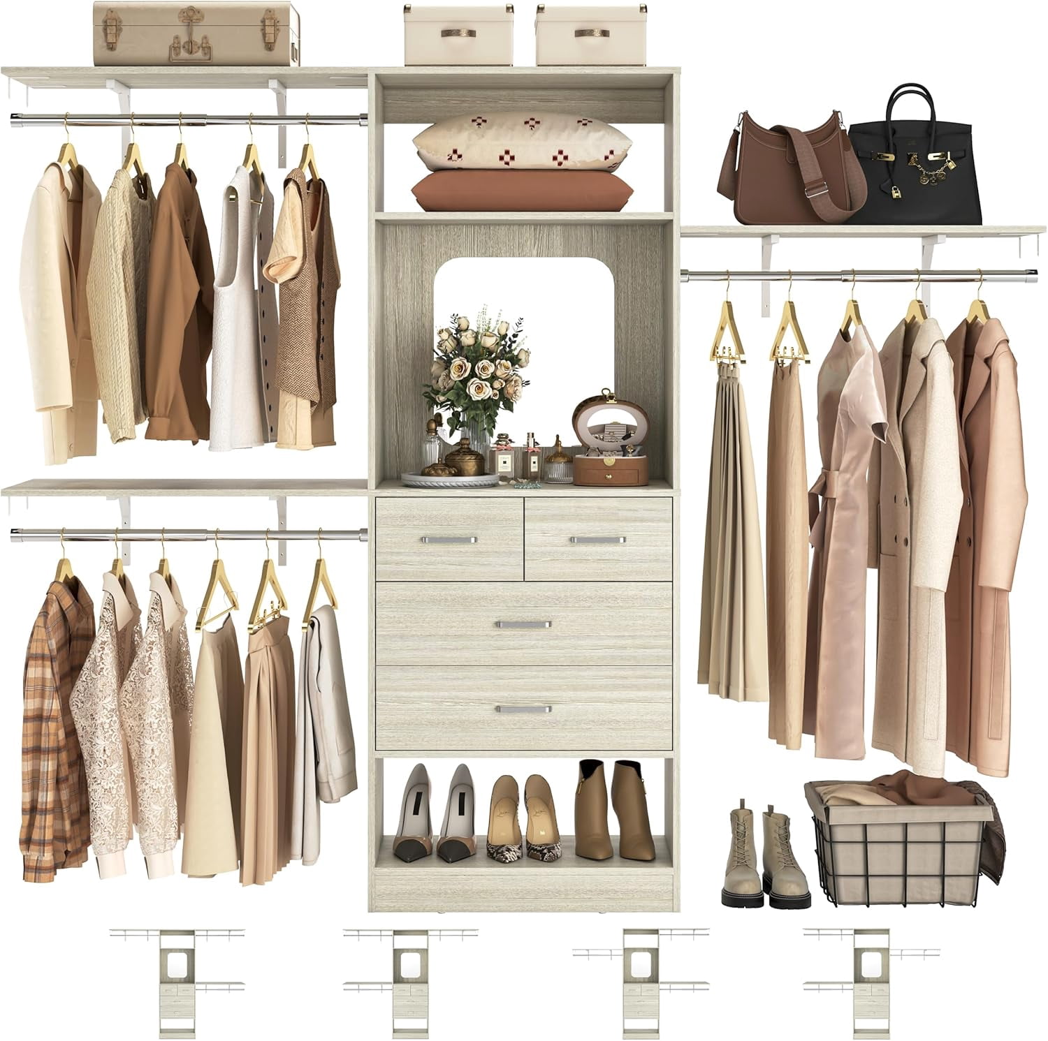 Unikito 8FT ClosetSystem with 4 Drawers, 96" Wood Closet Organizer with ...