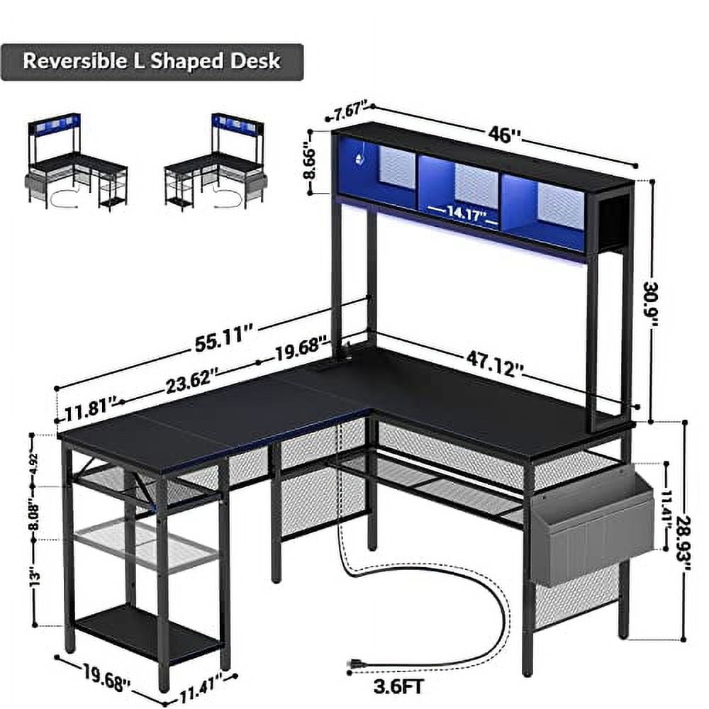 Unikito Computer Desk with LED Strip and Power Outlets, Reversible ...