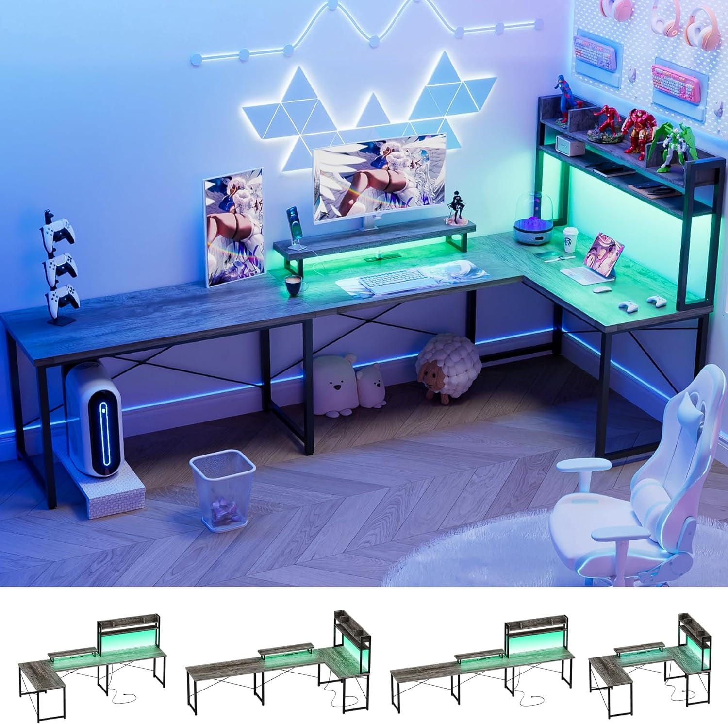 Unikito DIY U Shaped Computer Desk with Hutch, Reversible L Shaped ...