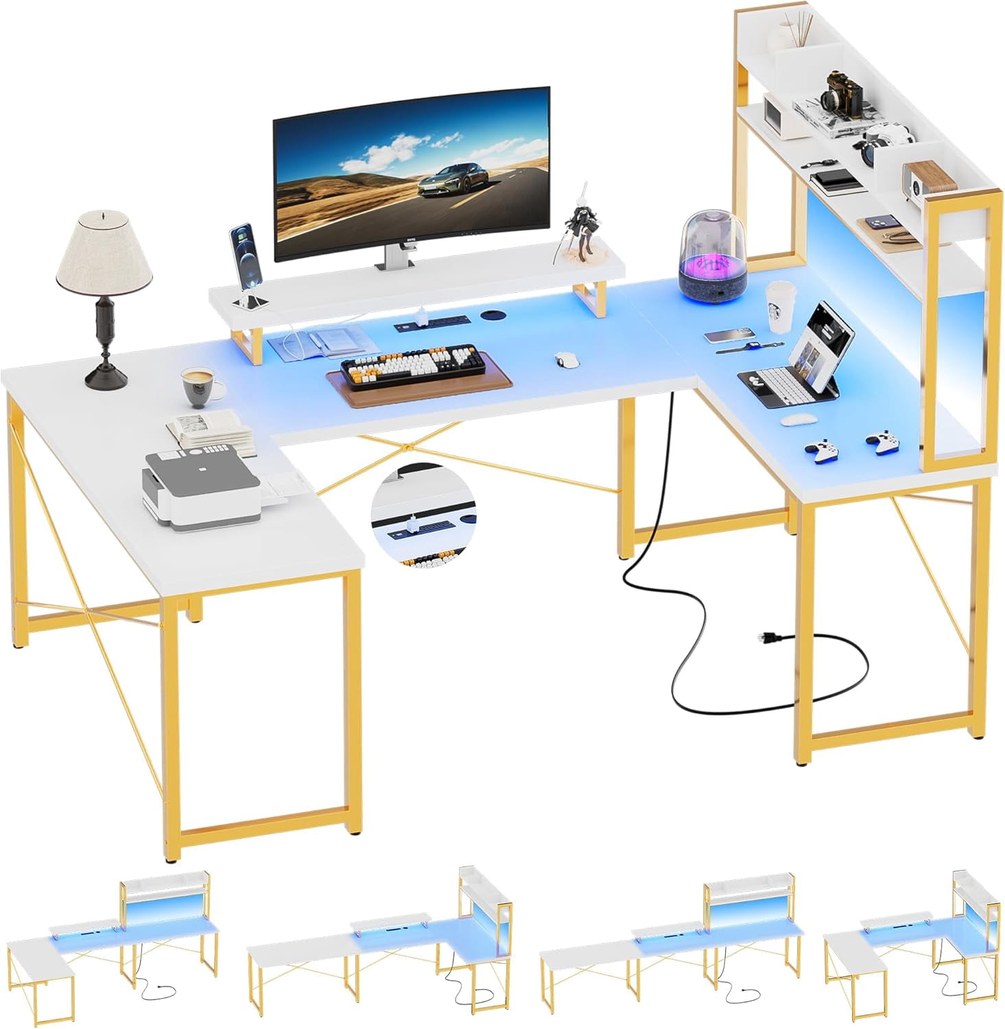 Unikito DIY U Shaped Computer Desk with Hutch,Reversible Large Office ...