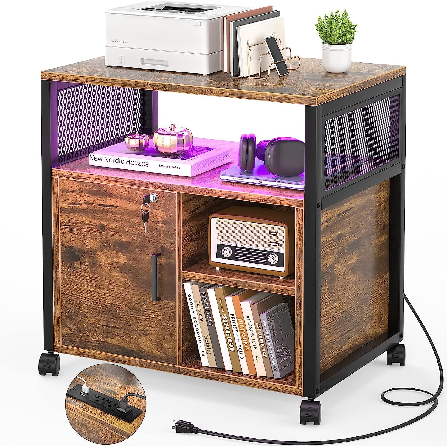 Unikito File Cabinet with LED Lights and Power Outlets, Rolling Printer ...