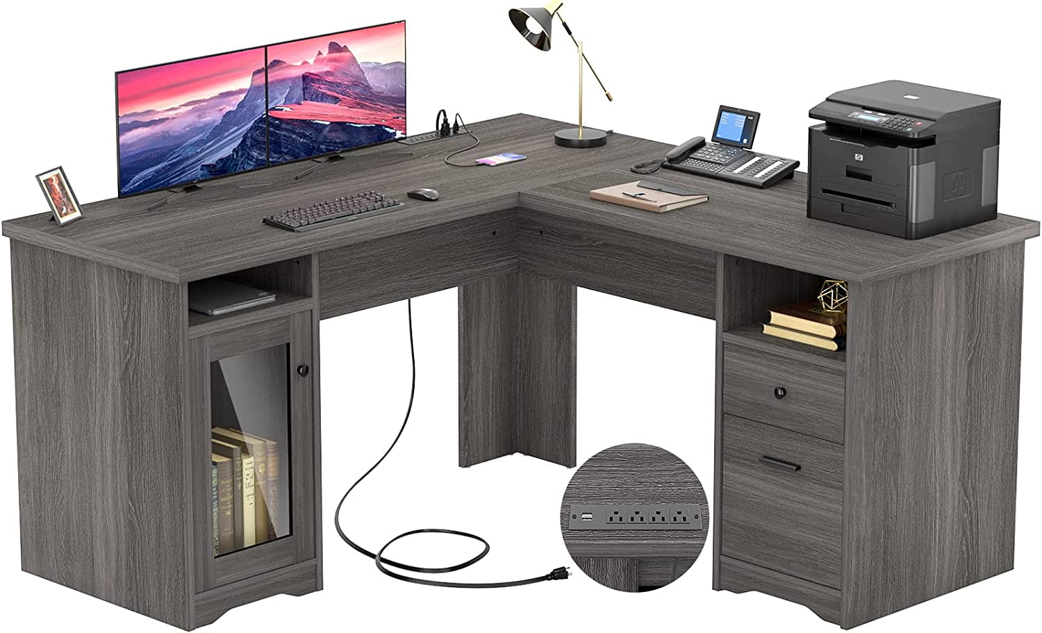 Unikito L Shaped Desk with Drawers Corner Computer Desks with Power ...