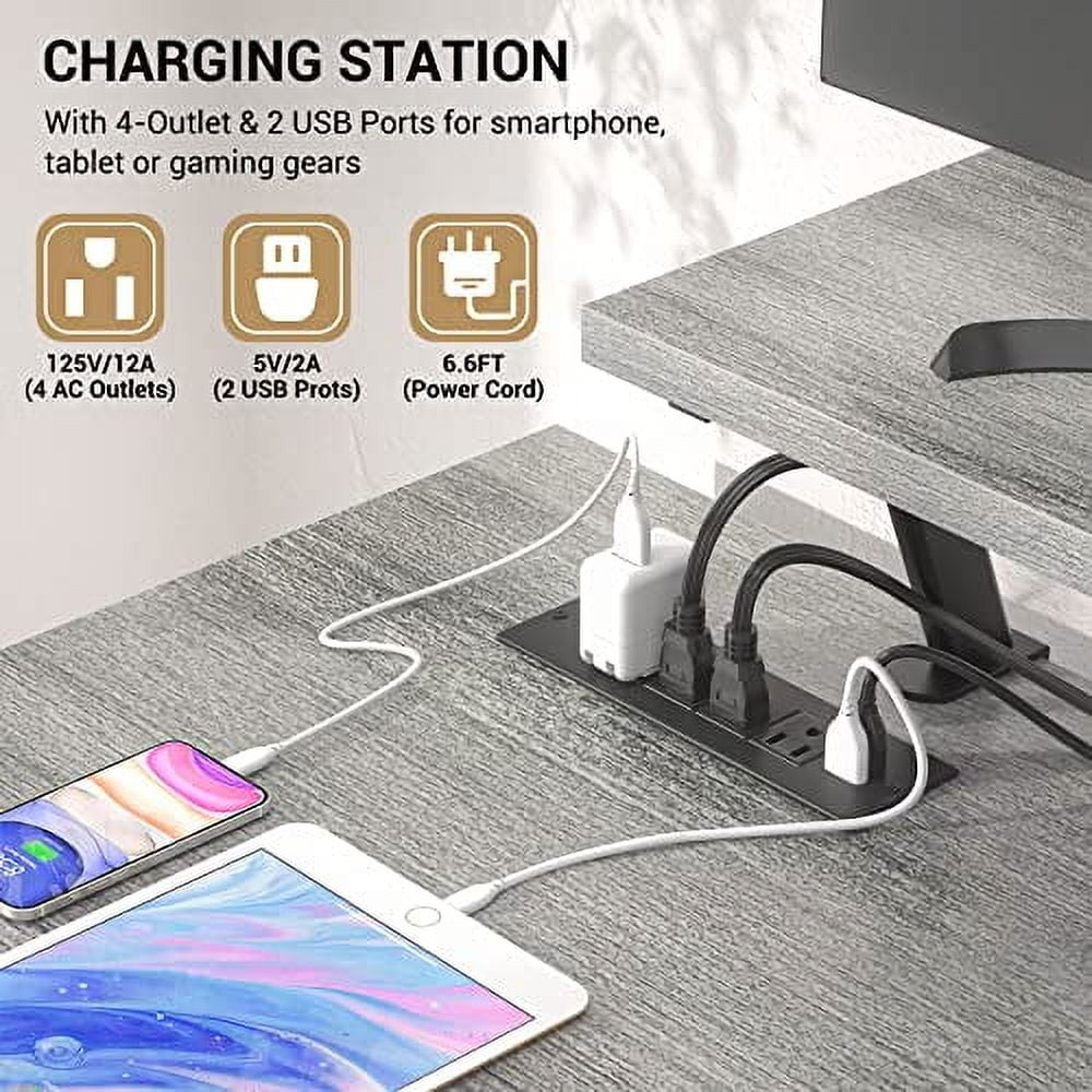 Unikito L-Shaped Desk with Power Outlet and LED Strip, Reversible File ...