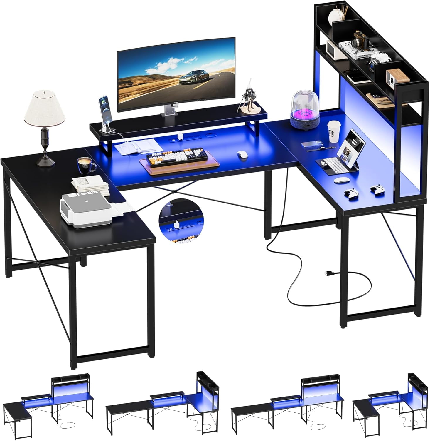 Unikito U Shaped Desk with Hutch, Reversible L Shaped Computer Desk ...