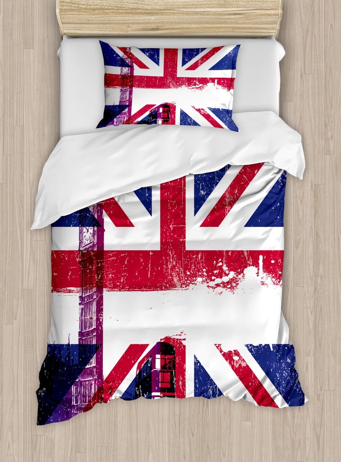 Union Jack Duvet Cover Set Twin Size, Grungy Aged UK Flag Big Ben ...