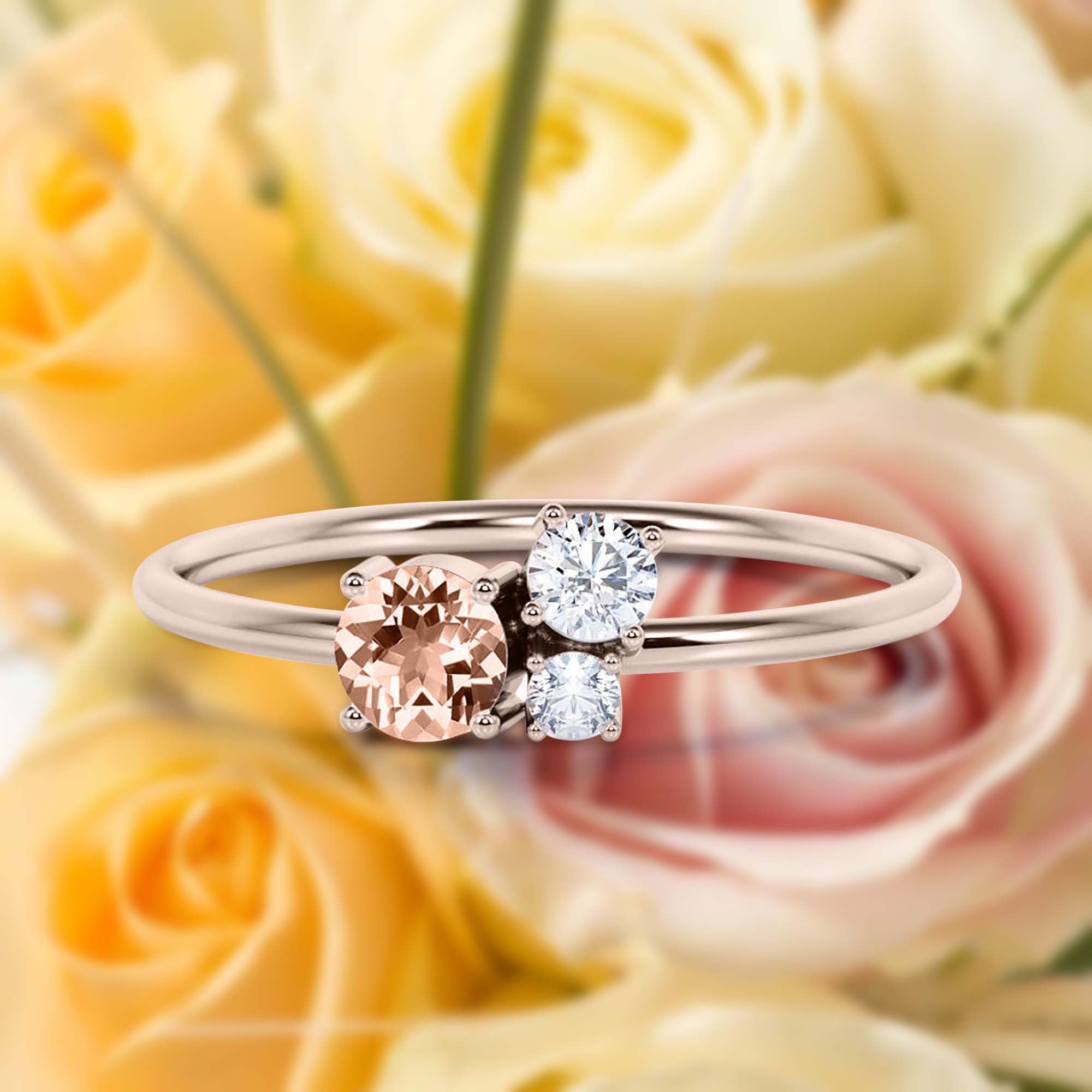 Unique 3 Stone Minimalist 0.55 Carat Round Cut Morganite Engagement Ring, Trilogy Ring, Wedding ...
