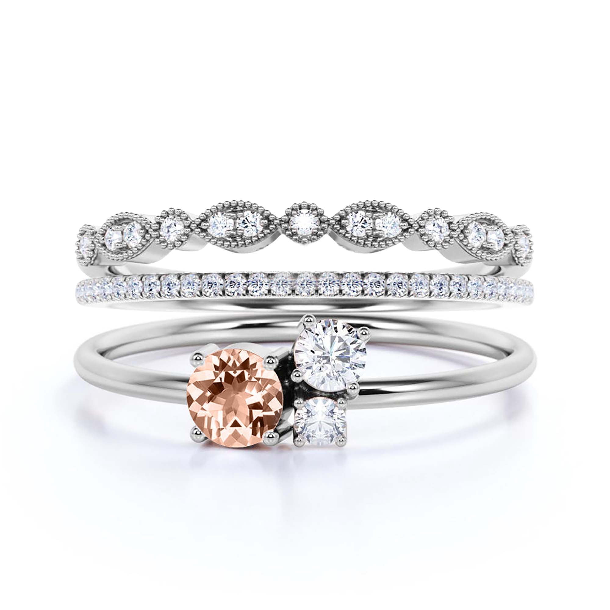 Unique 3 Stone Minimalist 1.55 Carat Round Cut Morganite Engagement ...